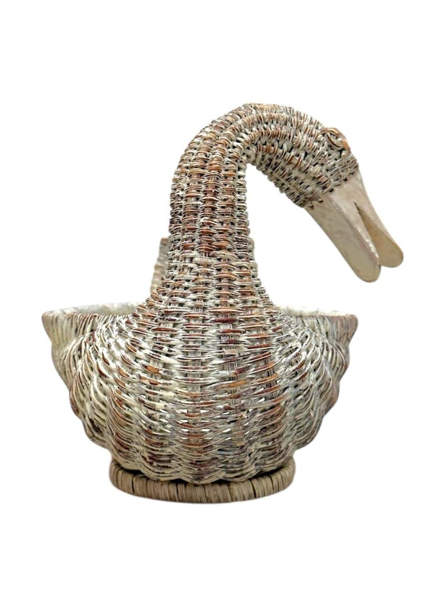 Vintage Whitewash Wicker Swan Basket - Mecox Gardens
